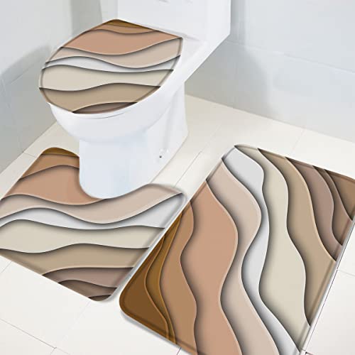 Ombre Bath Rugs for Bathroom Set 3 Piece Beach Geometric Gradient Brown Striped Non-Slip Washable Memory Foam Absorbent Bath Mat Runner Rugs for Tub Shower,U-Shaped Toilet Floor Mats,Toilet Lid Cover