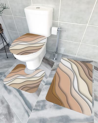 Ombre Bath Rugs for Bathroom Set 3 Piece Beach Geometric Gradient Brown Striped Non-Slip Washable Memory Foam Absorbent Bath Mat Runner Rugs for Tub Shower,U-Shaped Toilet Floor Mats,Toilet Lid Cover