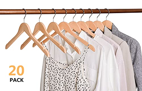 Amber Home Smooth Natural Finish Solid Wood Shirt Dress Hangers 20 Pack, Sturdy Wooden Coat Hangers with Precisely Notches, Clothes Hangers for Jacket, Camisole, Bridal (Natural, 20)