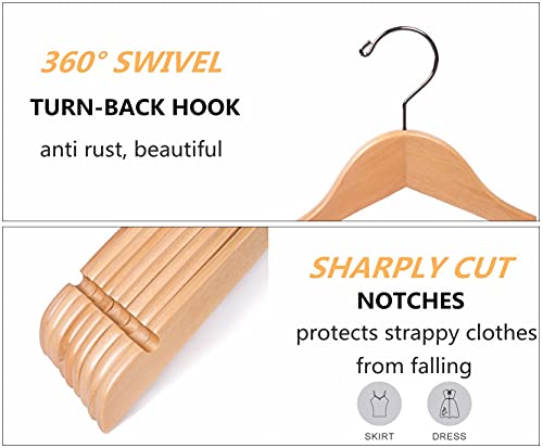 Amber Home Smooth Natural Finish Solid Wood Shirt Dress Hangers 20 Pack, Sturdy Wooden Coat Hangers with Precisely Notches, Clothes Hangers for Jacket, Camisole, Bridal (Natural, 20)