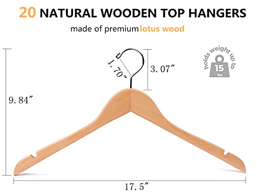 Amber Home Smooth Natural Finish Solid Wood Shirt Dress Hangers 20 Pack, Sturdy Wooden Coat Hangers with Precisely Notches, Clothes Hangers for Jacket, Camisole, Bridal (Natural, 20)