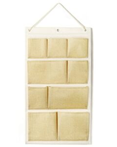 over door 4-shelf hanging storage bags wall mount closet organizer, 9 pockets linen cotton fabric multi functional living room bedroom bathroom file magazine waterproof free hooks yellow