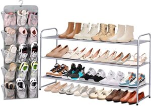 misslo 30 large pockets dual sided hanging shoe organizer + long 3 tier shoe rack for closet shoe organizer storage stackable wide shoe shelf holds 24 pairs of men sneakers, women heels, boots