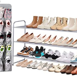 MISSLO 30 Large Pockets Dual Sided Hanging Shoe Organizer + Long 3 Tier Shoe Rack for Closet Shoe Organizer Storage Stackable Wide Shoe Shelf Holds 24 Pairs of Men Sneakers, Women Heels, Boots