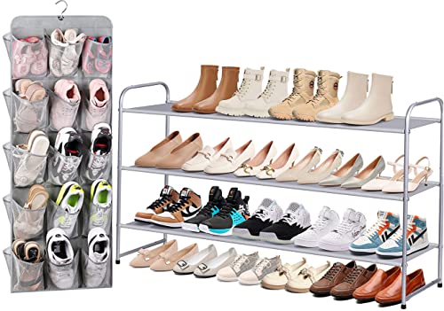 MISSLO 30 Large Pockets Dual Sided Hanging Shoe Organizer + Long 3 Tier Shoe Rack for Closet Shoe Organizer Storage Stackable Wide Shoe Shelf Holds 24 Pairs of Men Sneakers, Women Heels, Boots