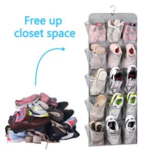 MISSLO 30 Large Pockets Dual Sided Hanging Shoe Organizer + Long 3 Tier Shoe Rack for Closet Shoe Organizer Storage Stackable Wide Shoe Shelf Holds 24 Pairs of Men Sneakers, Women Heels, Boots