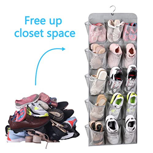 MISSLO 30 Large Pockets Dual Sided Hanging Shoe Organizer + Long 3 Tier Shoe Rack for Closet Shoe Organizer Storage Stackable Wide Shoe Shelf Holds 24 Pairs of Men Sneakers, Women Heels, Boots