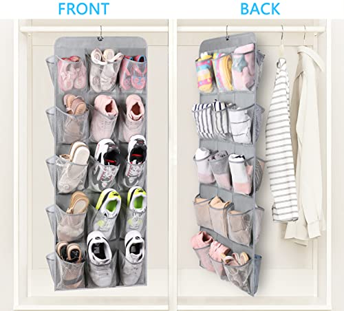 MISSLO 30 Large Pockets Dual Sided Hanging Shoe Organizer + Long 3 Tier Shoe Rack for Closet Shoe Organizer Storage Stackable Wide Shoe Shelf Holds 24 Pairs of Men Sneakers, Women Heels, Boots