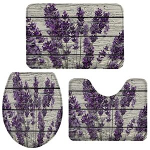 3 piece bath rugs sets,vintage lavender flower toilet sets non slip bath mat, water absorbent u-shaped contour toilet mat, toilet lid cover,barn wood