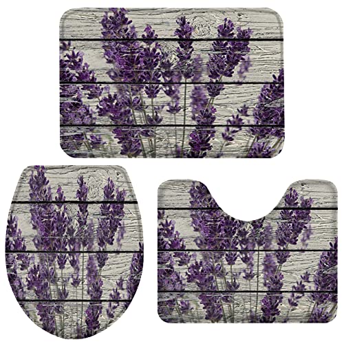 3 Piece Bath Rugs Sets,Vintage Lavender Flower Toilet Sets Non Slip Bath Mat, Water Absorbent U-Shaped Contour Toilet Mat, Toilet Lid Cover,Barn Wood