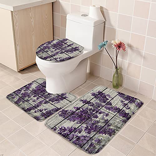 3 Piece Bath Rugs Sets,Vintage Lavender Flower Toilet Sets Non Slip Bath Mat, Water Absorbent U-Shaped Contour Toilet Mat, Toilet Lid Cover,Barn Wood