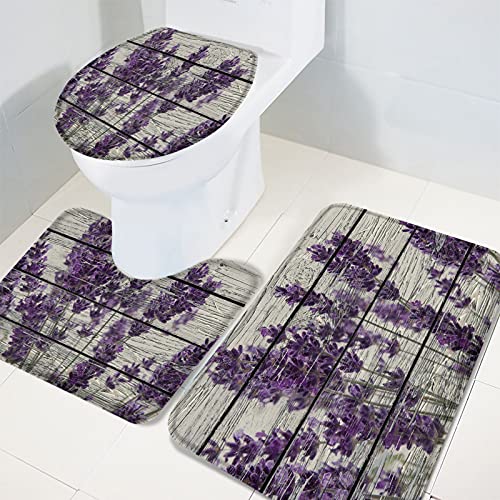 3 Piece Bath Rugs Sets,Vintage Lavender Flower Toilet Sets Non Slip Bath Mat, Water Absorbent U-Shaped Contour Toilet Mat, Toilet Lid Cover,Barn Wood