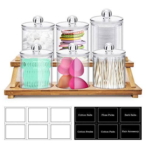 OTVAFAVA 6 Pack of 10 oz Apothecary Jars Bathroom Vanity Storage Organizer with Bamboo Tray and Labels - Qtip Holder Dispenser Canister Clear Plastic Acrylic Jar for Cotton Ball, Cotton Swab, Cotton Rounds, Floss