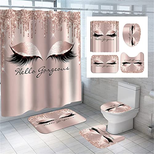 Vivianbuy 4 Pcs Pink Bling Eyes African American Bathroom Shower Curtain Sets with Rugs Toilet Lid Cover and Bath Mat,Black Women Bathroom Set with Waterproof Fabric Bathroom Curtain and 12 Hooks