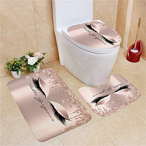 Vivianbuy 4 Pcs Pink Bling Eyes African American Bathroom Shower Curtain Sets with Rugs Toilet Lid Cover and Bath Mat,Black Women Bathroom Set with Waterproof Fabric Bathroom Curtain and 12 Hooks