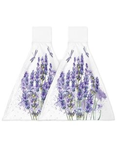 hand tie towel set of 2,field purple lavender floral dragonfly hanging kitchen towels with loop, absorbent tea bar dish towel fast drying towels for bathroom,rustic flower plant watercolor