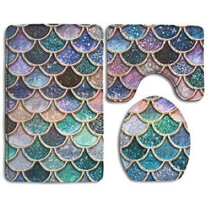 mermaid scales non-slip bath mat set 3 piece bathroom mat set includes bathroom rugs/contour mat/toilet cover