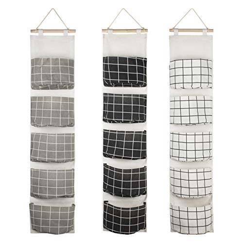 3Pcs Wall Closet Hanging Storage Bag with 5 Pockets, Waterproof Over The Door Closet Organizer, Linen Fabric Hanging Pocket for Room Bathroom Bedroom (Black+Gray+White)