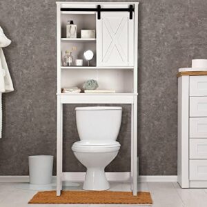 Xilingol Bathroom Storage Over The Toilet, Bathroom Cabinet Organizer with Adjustable Shelves and Sliding Doors, Wood Bathroom Space Saver, Wooden Frame, White