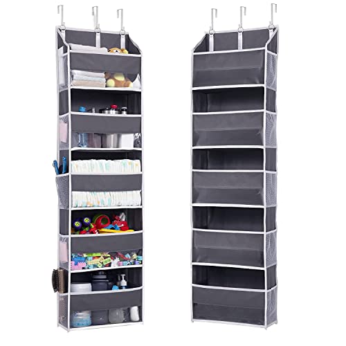 TAHAVICE Upgraded Over the Door Organizer Storage Transparent Window Storage Pockets with 3 Metal Hooks, Multifunctional Over The Door Hanging Closet Organizer with 5 Pockets,10 Mesh Pockets(Grey)