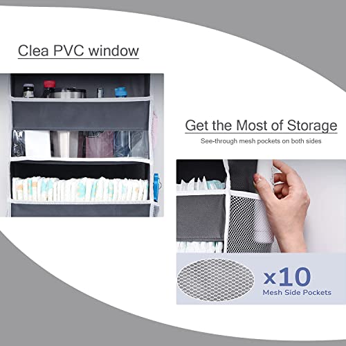 TAHAVICE Upgraded Over the Door Organizer Storage Transparent Window Storage Pockets with 3 Metal Hooks, Multifunctional Over The Door Hanging Closet Organizer with 5 Pockets,10 Mesh Pockets(Grey)