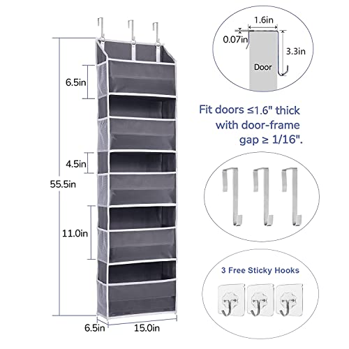 TAHAVICE Upgraded Over the Door Organizer Storage Transparent Window Storage Pockets with 3 Metal Hooks, Multifunctional Over The Door Hanging Closet Organizer with 5 Pockets,10 Mesh Pockets(Grey)