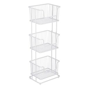 mDesign Tall 3 Basket Tiered Bathroom Holder, Metal Wire Floor Stand Storage Layered Rack with Three Tier Storage Shelving Bathroom Organizer Bins for Bath Towels, Hand Soap, and Toiletries - White