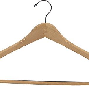 The Great American Hanger Company Curved Wood Suit Hanger w/Locking Bar, Box of 100 17 Inch Hangers w/Natural Finish & Chrome Swivel Hook & Notches for Shirt Dress or Pants