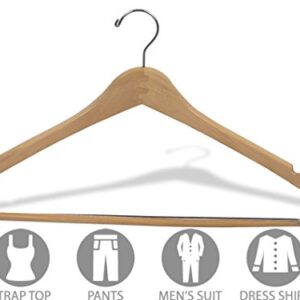 The Great American Hanger Company Curved Wood Suit Hanger w/Locking Bar, Box of 100 17 Inch Hangers w/Natural Finish & Chrome Swivel Hook & Notches for Shirt Dress or Pants