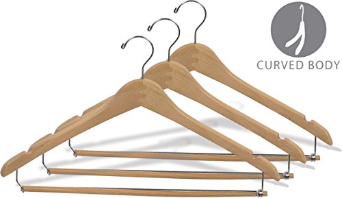 The Great American Hanger Company Curved Wood Suit Hanger w/Locking Bar, Box of 100 17 Inch Hangers w/Natural Finish & Chrome Swivel Hook & Notches for Shirt Dress or Pants