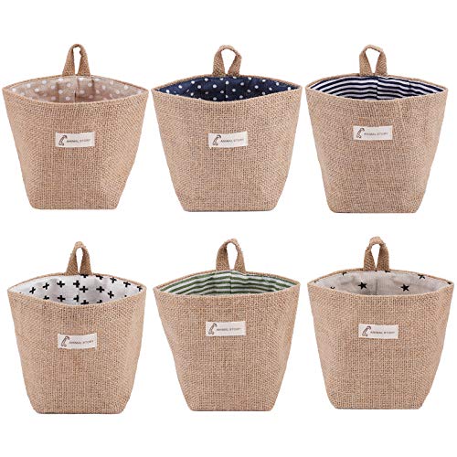 Foraineam 6 Pack Mini Hanging Storage Bag Cotton Linen Decorative Wall-Hanging Basket Organizer Collapsible Box Bin Bags for Wall Door Closet