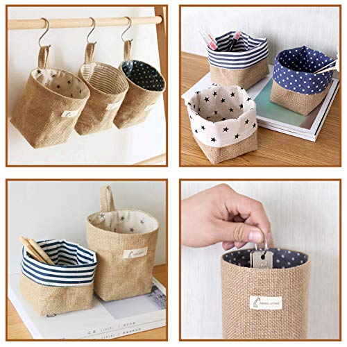 Foraineam 6 Pack Mini Hanging Storage Bag Cotton Linen Decorative Wall-Hanging Basket Organizer Collapsible Box Bin Bags for Wall Door Closet