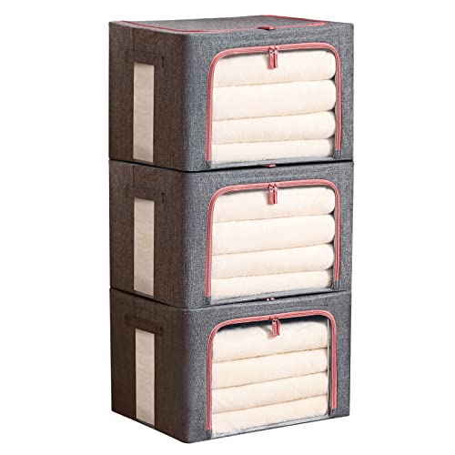 Homzing Closet Storage Bins Stackable Organizer Foldable Double Zipper Blanket Storage Bags 24L Storage Containers Linen Fabric 3 Pack for Bedding Closet Bedroom（Grey）