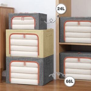 Homzing Closet Storage Bins Stackable Organizer Foldable Double Zipper Blanket Storage Bags 24L Storage Containers Linen Fabric 3 Pack for Bedding Closet Bedroom（Grey）