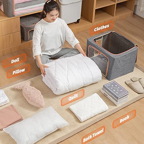 Homzing Closet Storage Bins Stackable Organizer Foldable Double Zipper Blanket Storage Bags 24L Storage Containers Linen Fabric 3 Pack for Bedding Closet Bedroom（Grey）