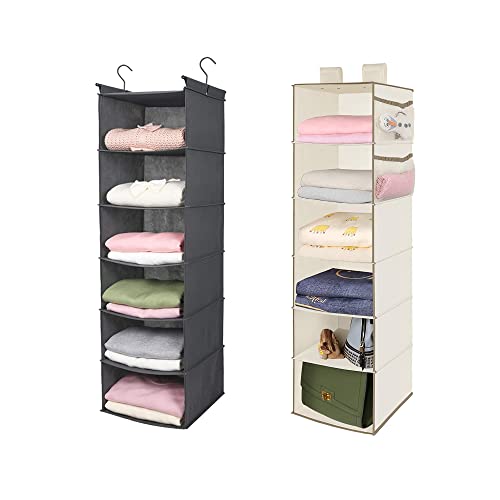 MAX Houser 6 Tier Shelf Hanging Closet Organizer, Closet Hanging Shelf with 2 Sturdy Hooks for Storage, Foldable,Grey and Beige2