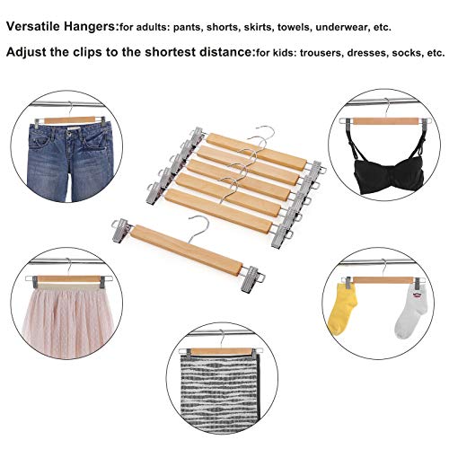 SONGMICS Wooden Pants Hangers 12 Pack, Pants Hangers with Clips, Adjustable Anti-Rust Metal Clips, 360° Swivel Hook, Skirt Hangers for Pant, Skirts, Natural Grain UCRW008-12, 13.4 x 0.5 x 4.9 Inches