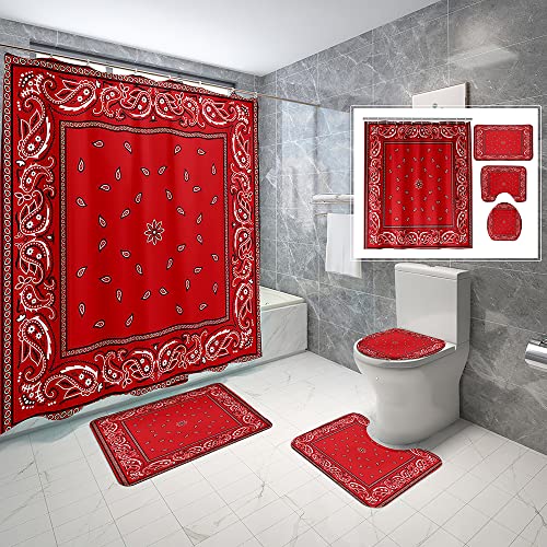 4 Piece Abstract Paisley Shower Curtain Waterproof Red Bandana Elegant Ethnic Tribal Bathroom Sets with Non-Slip Rugs, Toilet Lid Cover and Bath Mat with Standard Size