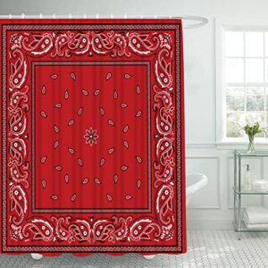 4 Piece Abstract Paisley Shower Curtain Waterproof Red Bandana Elegant Ethnic Tribal Bathroom Sets with Non-Slip Rugs, Toilet Lid Cover and Bath Mat with Standard Size