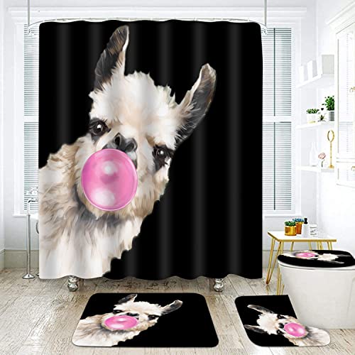 SDDSER Funny Alpaca Shower Curtain Set, 4PCS Bathroom Sets with Shower Curtain and Bath Mat, Toilet Lid Cover and U Shaped Rugs, 71" x 72" Bathtub Curtain with Hooks, SETLSSD109