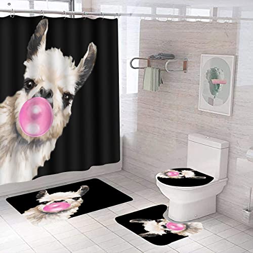 SDDSER Funny Alpaca Shower Curtain Set, 4PCS Bathroom Sets with Shower Curtain and Bath Mat, Toilet Lid Cover and U Shaped Rugs, 71" x 72" Bathtub Curtain with Hooks, SETLSSD109