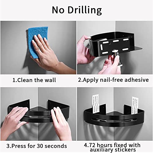 Adhesive Bathroom Shower Shelf Corner Holder,1 Pack 304 Black No Drilling Stainless Steel Triangle Holder with 4 pcs Removable Hooks Shower Shelf Corner Bathroom Set for Kitchen Toilet Shower Shelves