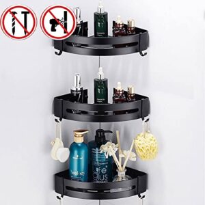 Adhesive Bathroom Shower Shelf Corner Holder,1 Pack 304 Black No Drilling Stainless Steel Triangle Holder with 4 pcs Removable Hooks Shower Shelf Corner Bathroom Set for Kitchen Toilet Shower Shelves