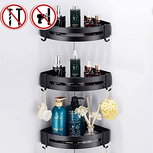 Adhesive Bathroom Shower Shelf Corner Holder,1 Pack 304 Black No Drilling Stainless Steel Triangle Holder with 4 pcs Removable Hooks Shower Shelf Corner Bathroom Set for Kitchen Toilet Shower Shelves