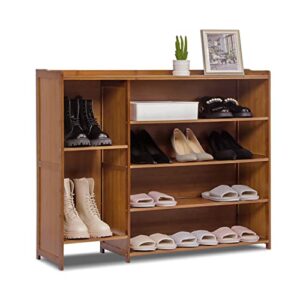 monibloom shoe storage cabinet with tall compartment, bamboo free standing 5 tier shoe rack for 16-20 pairs bedroom entryway hallway home office, brown