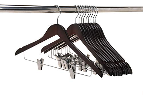 Quality Wooden Skirt Hangers with Clips Smooth Solid Wood Pants Hangers with Durable Adjustable Metal Clips, Swivel Hook, Coat, Jacket, Blouse Suit Hangers (Mahogany, 10)