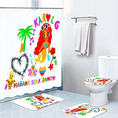 XQBHH 4 Pcs Anime Cartoon Shower Curtain Sets with Non-Slip Rug,Toilet Lid Cover and Absorbent Carpet Bath Mat,Durable Waterproof Shower Curtain with 12 Hooks for Bathroom Set (B)