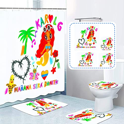 XQBHH 4 Pcs Anime Cartoon Shower Curtain Sets with Non-Slip Rug,Toilet Lid Cover and Absorbent Carpet Bath Mat,Durable Waterproof Shower Curtain with 12 Hooks for Bathroom Set (B)