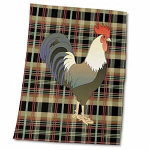 3drose image of olive greenish rooster on black green tan plaid - towels (twl-237476-2)