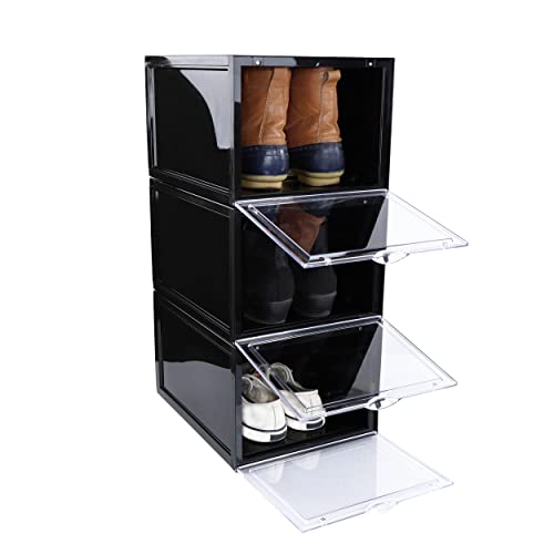 7Penn Plastic Shoe Boxes with Lids 3pk Black - Shoe Storage Containers for Display - Stackable Shoe Organizer